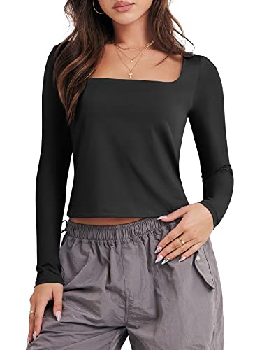 ANRABESS Crop Top for Women Long Sleeve Corset Workout Tees Basic T-Shirt Square Neck Fitted Sexy Going Out Shirt Tops Y2K Clothes 1040heise-M Black