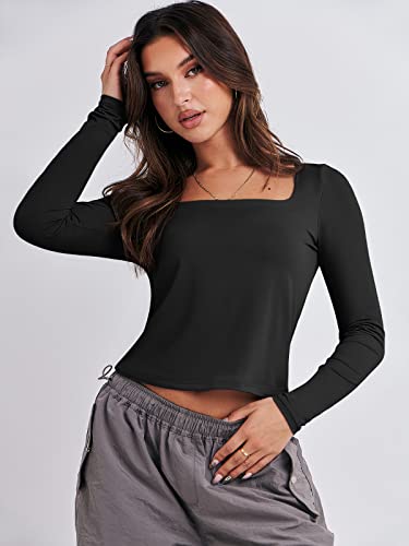 ANRABESS Crop Top for Women Long Sleeve Corset Workout Tees Basic T-Shirt Square Neck Fitted Sexy Going Out Shirt Tops Y2K Clothes 1040heise-M Black