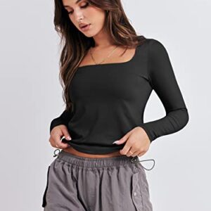 ANRABESS Crop Top for Women Long Sleeve Corset Workout Tees Basic T-Shirt Square Neck Fitted Sexy Going Out Shirt Tops Y2K Clothes 1040heise-M Black