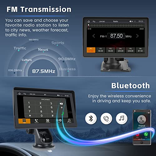 Hikity 7 Inch HD Portable Wireless Apple Carplay and Android Auto Screen, Bluetooth Car Stereo with Airplay Siri AUX USB FM Transmitter Backup Camera for All Vehicles