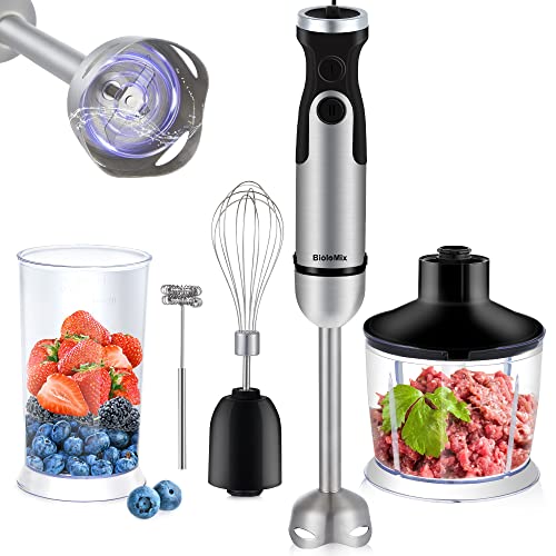 BioloMix Hand Blender 5 in 1 Immersion Blender 1000W, 6 Speed With Turbo Mode Handheld Blender Stainless Steel Blade With 800ml Chopper, 600ml Mixing Beaker, Whisk and Milk Frother