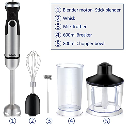 BioloMix Hand Blender 5 in 1 Immersion Blender 1000W, 6 Speed With Turbo Mode Handheld Blender Stainless Steel Blade With 800ml Chopper, 600ml Mixing Beaker, Whisk and Milk Frother