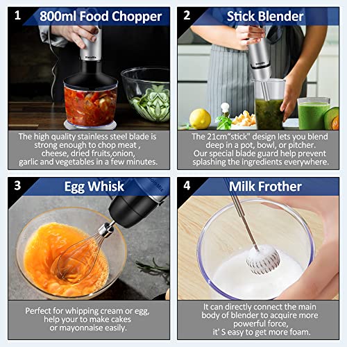 BioloMix Hand Blender 5 in 1 Immersion Blender 1000W, 6 Speed With Turbo Mode Handheld Blender Stainless Steel Blade With 800ml Chopper, 600ml Mixing Beaker, Whisk and Milk Frother