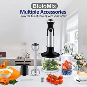 BioloMix Hand Blender 5 in 1 Immersion Blender 1000W, 6 Speed With Turbo Mode Handheld Blender Stainless Steel Blade With 800ml Chopper, 600ml Mixing Beaker, Whisk and Milk Frother