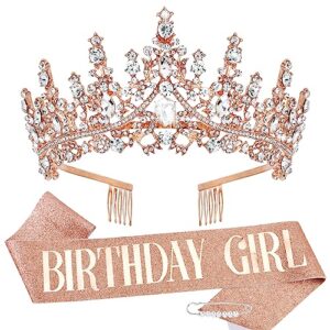 tobatoba birthday sash birthday crowns for women girls, birthday girl sash and tiara set, rose gold birthday crown and sash for women, princess birthday decorations for girls birthday gifts for girls