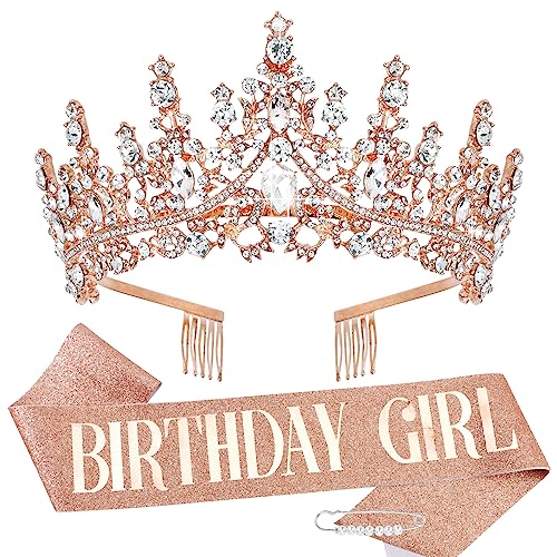 TOBATOBA Birthday Sash Birthday Crowns for Women Girls, Birthday Girl Sash and Tiara Set, Rose Gold Birthday Crown and Sash for Women, Princess Birthday Decorations for Girls Birthday Gifts for Girls