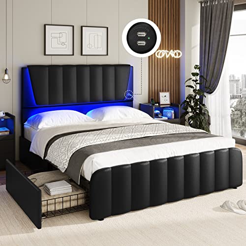 AOGLLATI Queen Bed Frame with Headboard and 4 Storage Drawers, Platform Bed Frame Queen Size with Led Light & 2 USB Ports, Queen Size Bed Frame with Wooden Slats Support, No Box Spring Needed