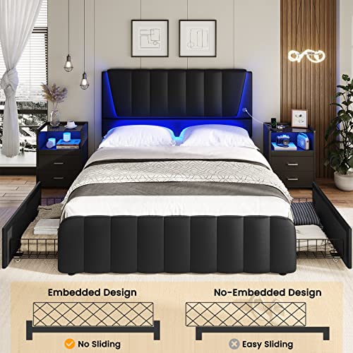 AOGLLATI Queen Bed Frame with Headboard and 4 Storage Drawers, Platform Bed Frame Queen Size with Led Light & 2 USB Ports, Queen Size Bed Frame with Wooden Slats Support, No Box Spring Needed