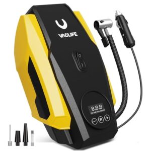 vaclife tire inflator portable air compressor - air pump for car tires - 12v dc compact tire pump with auto shutoff function - multipurpose car accessory with led light, yellow