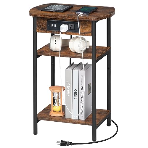 Hzuaneri End Table with Charging Station, 3 Tier Storage Bed Side Table with USB Port & Outlet, Couch Table, Nightstand for Living Room, Bedroom, Narrow Side Table, Rustic Brown and Black ET05201B