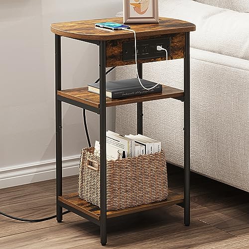 Hzuaneri End Table with Charging Station, 3 Tier Storage Bed Side Table with USB Port & Outlet, Couch Table, Nightstand for Living Room, Bedroom, Narrow Side Table, Rustic Brown and Black ET05201B