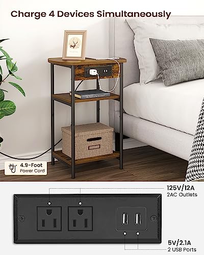 Hzuaneri End Table with Charging Station, 3 Tier Storage Bed Side Table with USB Port & Outlet, Couch Table, Nightstand for Living Room, Bedroom, Narrow Side Table, Rustic Brown and Black ET05201B