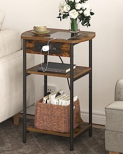 Hzuaneri End Table with Charging Station, 3 Tier Storage Bed Side Table with USB Port & Outlet, Couch Table, Nightstand for Living Room, Bedroom, Narrow Side Table, Rustic Brown and Black ET05201B