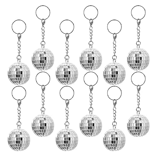 12Pcs Disco Ball Keychain Keyring 70s Disco Keychain Mirror Ball Keychain Small Silver Disco Ball Accessories Party Favor for 70s 80s Disco Party Supplies Halloween Christmas Party Decorations