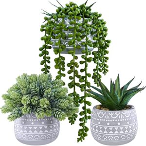 winlyn 3 pcs assorted small potted succulent plants artificial aloe hops string of pearls succulents in gray geometric concrete pots for gifts table shelf windowsill indoor outdoor greenery decor