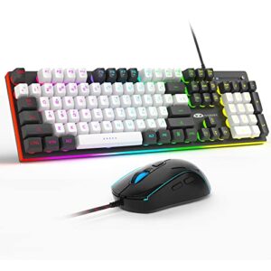 magegee gaming keyboard and mouse combo, true rgb backlit membrane office keyboard, 104 keys metal panel usb quiet wired keyboard for windows laptop pc - white/black