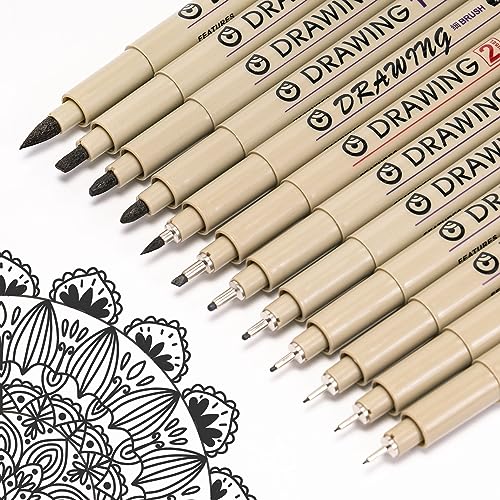 Toptime Micron Fineliner Pens, 12 Pack Micro Pen Set Black, Technical Drawing Pens for Artist No Bleed Calligraphy Pens, Archival Ink Brush Pen Art Pens for Journaling, Illustration, Sketching, Anime