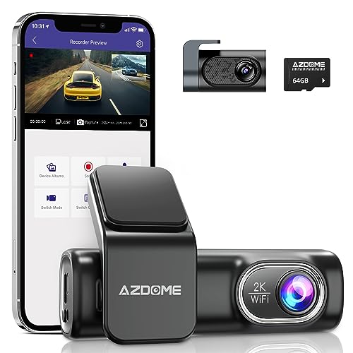 AZDOME M301 2K Dash Cam Front and Rear, Built in WiFi, Dual Dashcams for Cars, Voice Control Car Camera with UHD 1440P, Night Vision, G-Sensor, Parking Monitor, 64GB SD Card Included