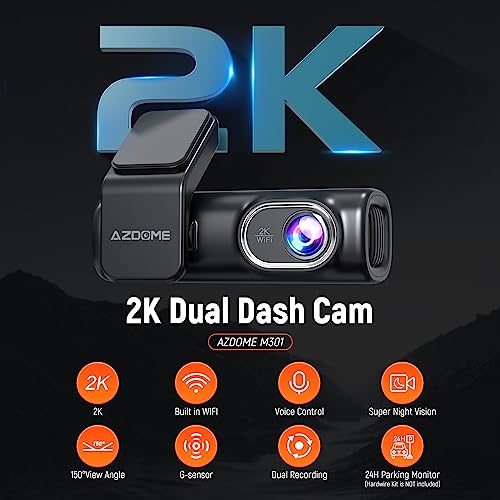 AZDOME M301 2K Dash Cam Front and Rear, Built in WiFi, Dual Dashcams for Cars, Voice Control Car Camera with UHD 1440P, Night Vision, G-Sensor, Parking Monitor, 64GB SD Card Included