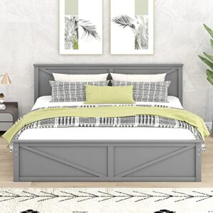 lch king size platform bed, wooden platform bed frame with 4 storage drawers and support legs, no box spring needed, grey