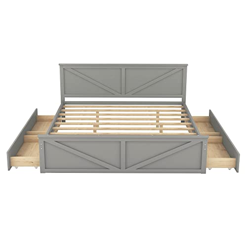 LCH King Size Platform Bed, Wooden Platform Bed Frame with 4 Storage Drawers and Support Legs, No Box Spring Needed, Grey