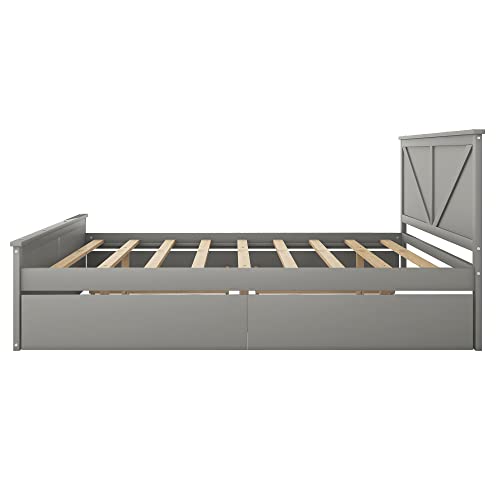 LCH King Size Platform Bed, Wooden Platform Bed Frame with 4 Storage Drawers and Support Legs, No Box Spring Needed, Grey