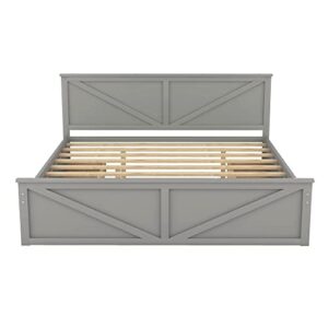 LCH King Size Platform Bed, Wooden Platform Bed Frame with 4 Storage Drawers and Support Legs, No Box Spring Needed, Grey