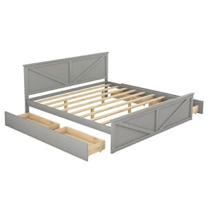 LCH King Size Platform Bed, Wooden Platform Bed Frame with 4 Storage Drawers and Support Legs, No Box Spring Needed, Grey