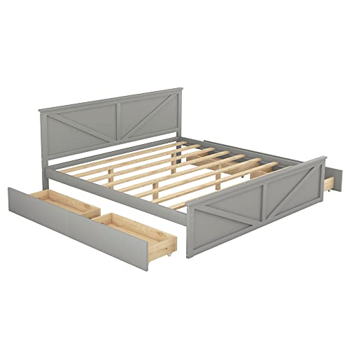 LCH King Size Platform Bed, Wooden Platform Bed Frame with 4 Storage Drawers and Support Legs, No Box Spring Needed, Grey