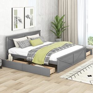 LCH King Size Platform Bed, Wooden Platform Bed Frame with 4 Storage Drawers and Support Legs, No Box Spring Needed, Grey