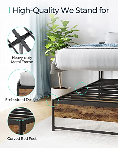 LINSY LIVING Full Size Bed Frame with Headboard, Fast Assembly Metal Industrial Bed Frame with Lights & Charging, 14 inch Full Bed Frame with Storage, No Box Spring Needed, Rustic Brown