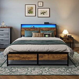 LINSY LIVING Full Size Bed Frame with Headboard, Fast Assembly Metal Industrial Bed Frame with Lights & Charging, 14 inch Full Bed Frame with Storage, No Box Spring Needed, Rustic Brown