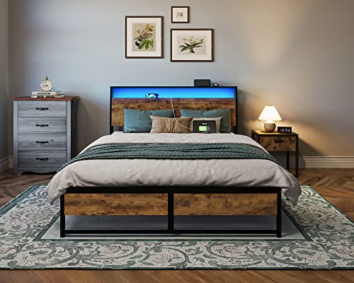 LINSY LIVING Full Size Bed Frame with Headboard, Fast Assembly Metal Industrial Bed Frame with Lights & Charging, 14 inch Full Bed Frame with Storage, No Box Spring Needed, Rustic Brown