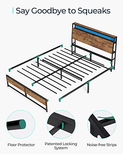 LINSY LIVING Full Size Bed Frame with Headboard, Fast Assembly Metal Industrial Bed Frame with Lights & Charging, 14 inch Full Bed Frame with Storage, No Box Spring Needed, Rustic Brown