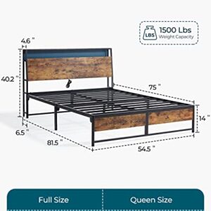 LINSY LIVING Full Size Bed Frame with Headboard, Fast Assembly Metal Industrial Bed Frame with Lights & Charging, 14 inch Full Bed Frame with Storage, No Box Spring Needed, Rustic Brown