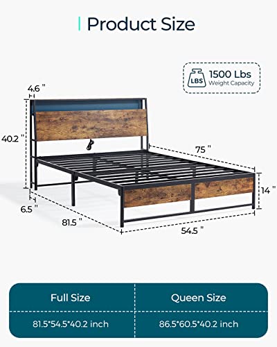 LINSY LIVING Full Size Bed Frame with Headboard, Fast Assembly Metal Industrial Bed Frame with Lights & Charging, 14 inch Full Bed Frame with Storage, No Box Spring Needed, Rustic Brown