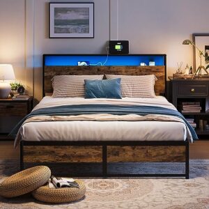 LINSY Queen Bed Frame with Ergonomic Headboard, Fast Assembly Metal Industrial Bed Frame with Lights & Charging, 14 inch Bed Frame Queen Size with Storage, No Box Spring Needed, Rustic Brown