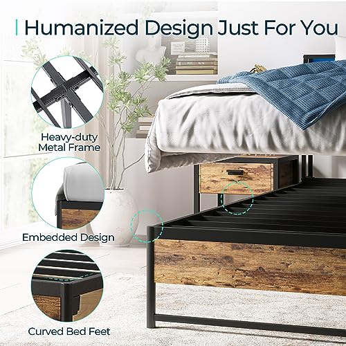 LINSY Queen Bed Frame with Ergonomic Headboard, Fast Assembly Metal Industrial Bed Frame with Lights & Charging, 14 inch Bed Frame Queen Size with Storage, No Box Spring Needed, Rustic Brown