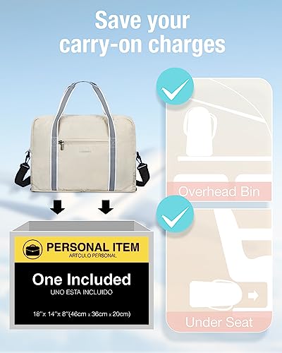 For Spirit Airlines Personal Item Bag 18x14x8 BAGSMART Foldable Travel Duffel Bag Tote Weekend Overnight Bag Carry on Luggage for Women and Men(Beige)