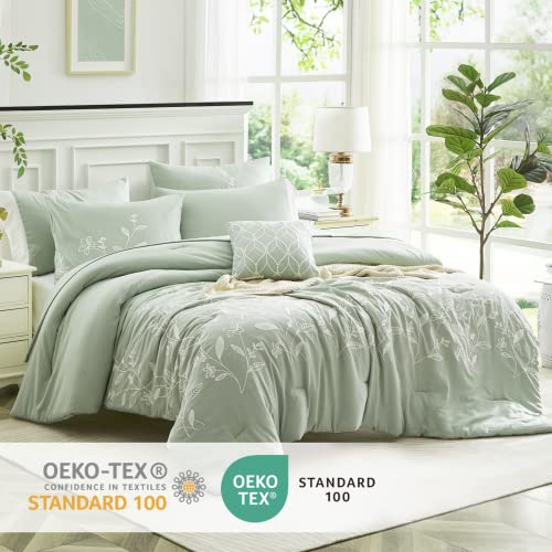 MAIREVE Sage Green Comforter Set Full Size 8 Piece, Farmhouse Floral Embroidery Bedding Set Full, All Season Bed in A Bag Full Size with Sheets, Pillowcases & Shams (Full, 80x90, Green)