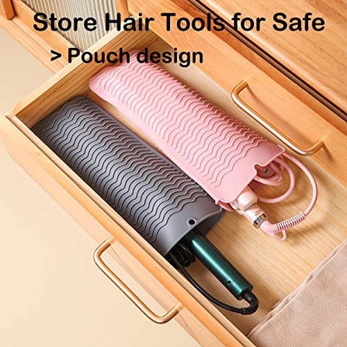 Heat Resistant Silicone Mat with Hanging Hole Style, Straightener Heat Resistant Travel Mat & Pouch for Curling Iron, Hair Straightener, Flat Iron and Other Hot Hair Styling Tools, 11X5 Inches, Pink