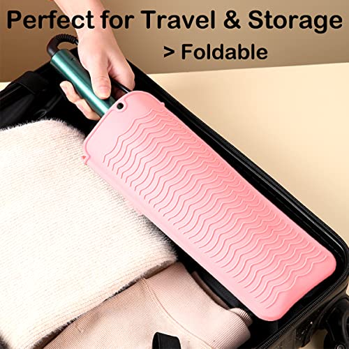 Heat Resistant Silicone Mat with Hanging Hole Style, Straightener Heat Resistant Travel Mat & Pouch for Curling Iron, Hair Straightener, Flat Iron and Other Hot Hair Styling Tools, 11X5 Inches, Pink