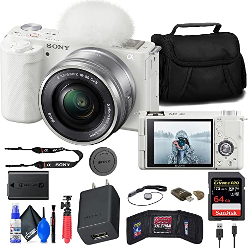 Sony ZV-E10 Mirrorless Camera with 16-50mm Lens (White) (ILCZV-E10L/W) + 64GB Memory Card + Card Reader + Case + Flex Tripod + Memory Wallet + Cap Keeper + Cleaning Kit (Renewed)