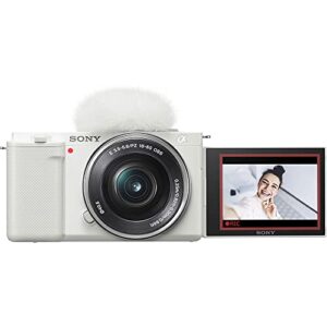 Sony ZV-E10 Mirrorless Camera with 16-50mm Lens (White) (ILCZV-E10L/W) + 64GB Memory Card + Card Reader + Case + Flex Tripod + Memory Wallet + Cap Keeper + Cleaning Kit (Renewed)