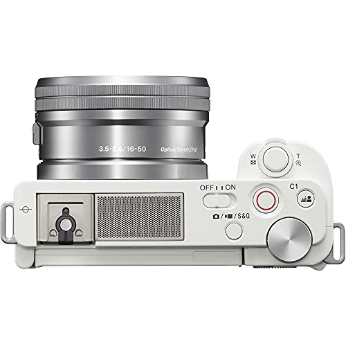 Sony ZV-E10 Mirrorless Camera with 16-50mm Lens (White) (ILCZV-E10L/W) + 64GB Memory Card + Card Reader + Case + Flex Tripod + Memory Wallet + Cap Keeper + Cleaning Kit (Renewed)