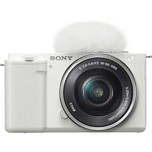 Sony ZV-E10 Mirrorless Camera with 16-50mm Lens (White) (ILCZV-E10L/W) + 64GB Memory Card + Card Reader + Case + Flex Tripod + Memory Wallet + Cap Keeper + Cleaning Kit (Renewed)