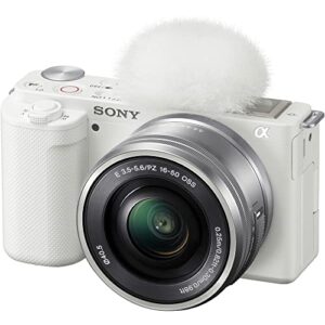 Sony ZV-E10 Mirrorless Camera with 16-50mm Lens (White) (ILCZV-E10L/W) + 64GB Memory Card + Card Reader + Case + Flex Tripod + Memory Wallet + Cap Keeper + Cleaning Kit (Renewed)