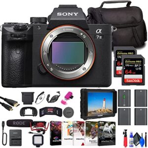 sony a7 iii mirrorless camera (ilce7m3/b) + 4k monitor + rode videomic + 2 x 64gb memory card + bag + 3 x np-fz100 compatible battery + card reader + led light + corel photo software + more (renewed)