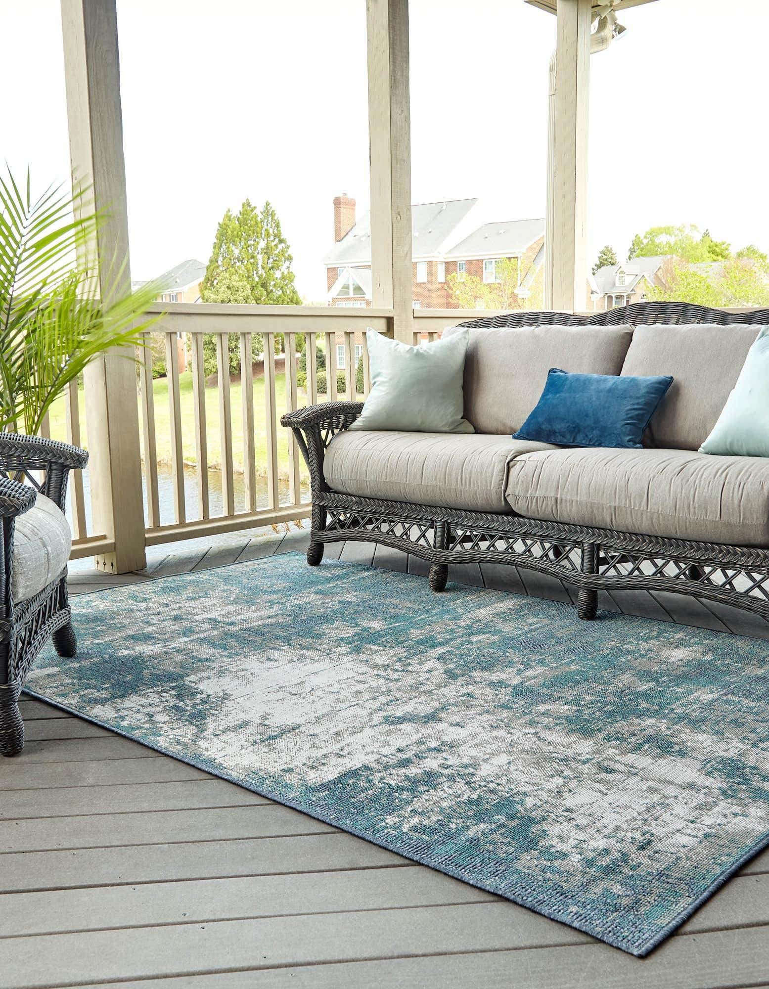 Unique Loom Outdoor Coastal Collection Area Rug - Okyanus (9' x 12' Rectangle, Blue/ Ivory)