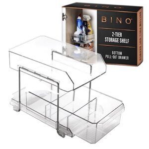 bino 2 tier clear storage organizer with dividers | bottom slide out drawer for under sink, medicine cabinet | bathroom closet, vanity, pantry organizer | under cabinet storage for bathroom & kitchen